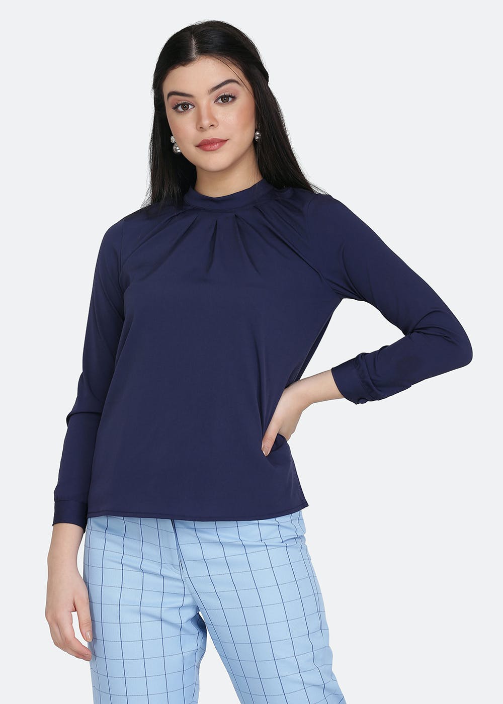 Get Navy Blue Crepe Sunrays Neck Top at ₹ 1200 | LBB Shop