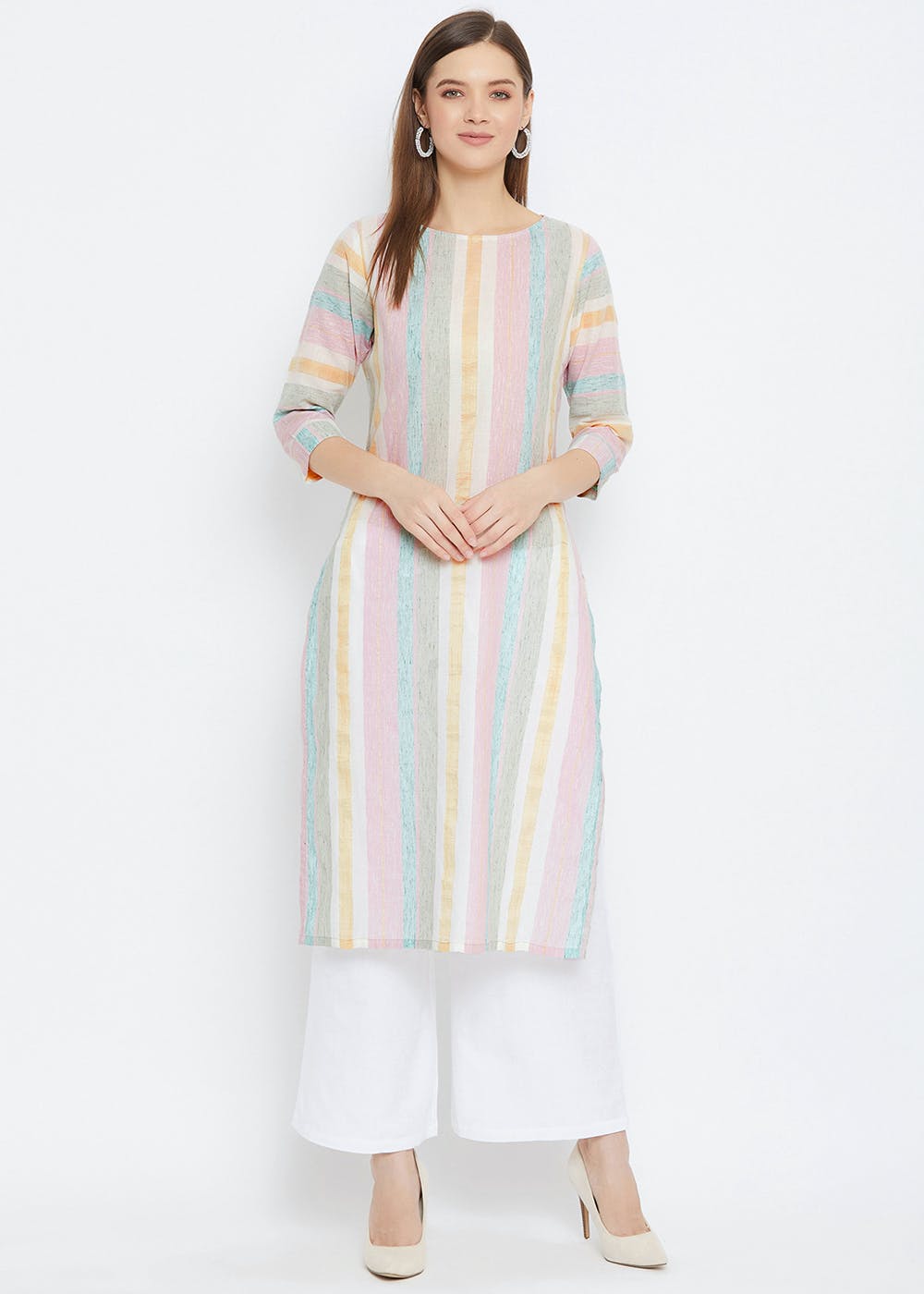 Get Pastel Stripes Printed Kurta With White Plazzos Set at ₹ 1499 | LBB ...