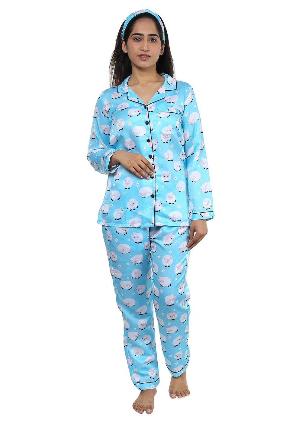 Get Contrast Piping Detail Sheep Graphic Blue Nightsuit Set at ₹ 1875 ...