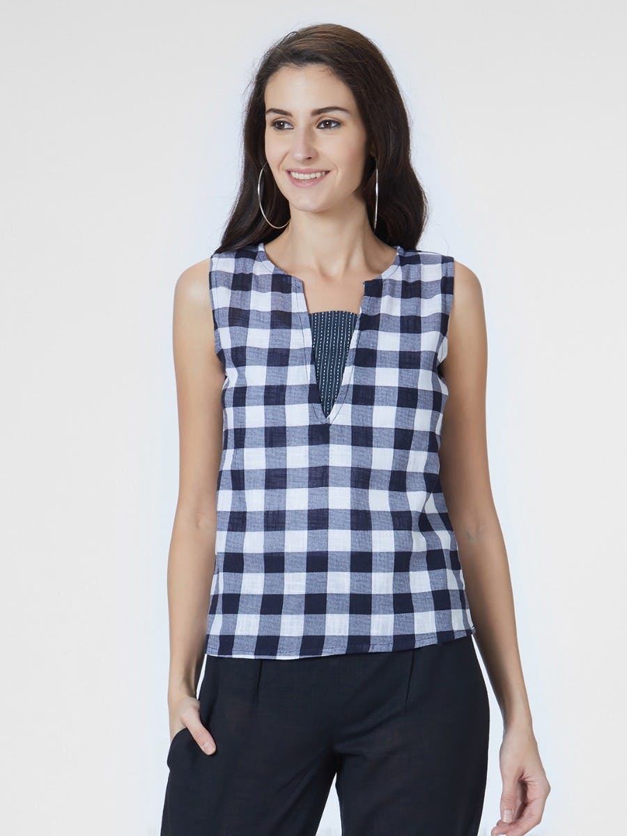 Get Navy Chequered Sleeveless Top at ₹ 489 | LBB Shop
