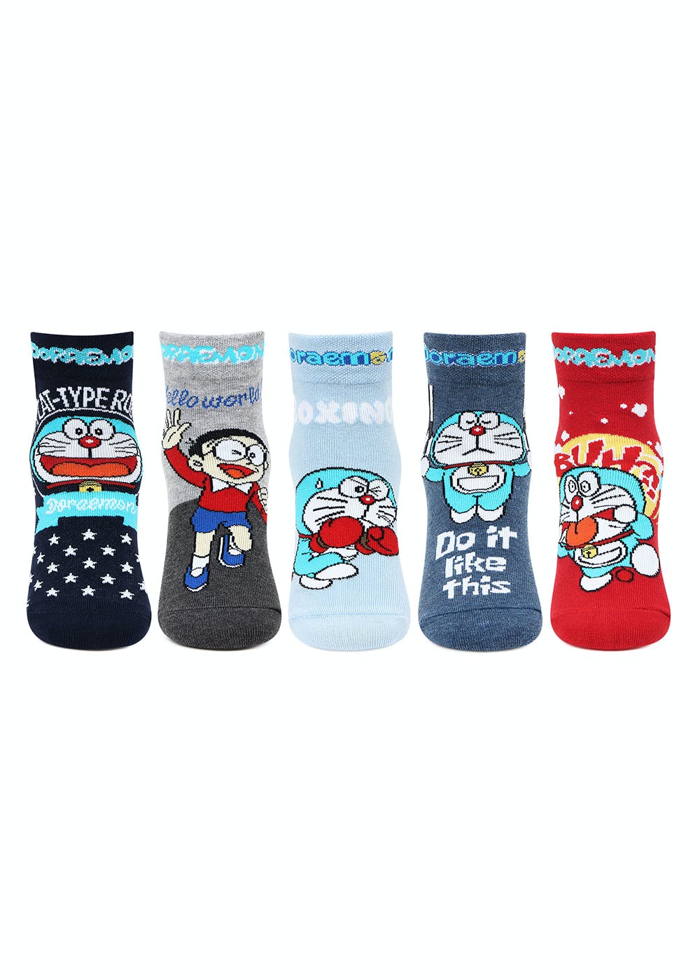Get Bonjour Doraemon Ankle Socks For Kids- Pack of 5 at ₹ 400 | LBB Shop