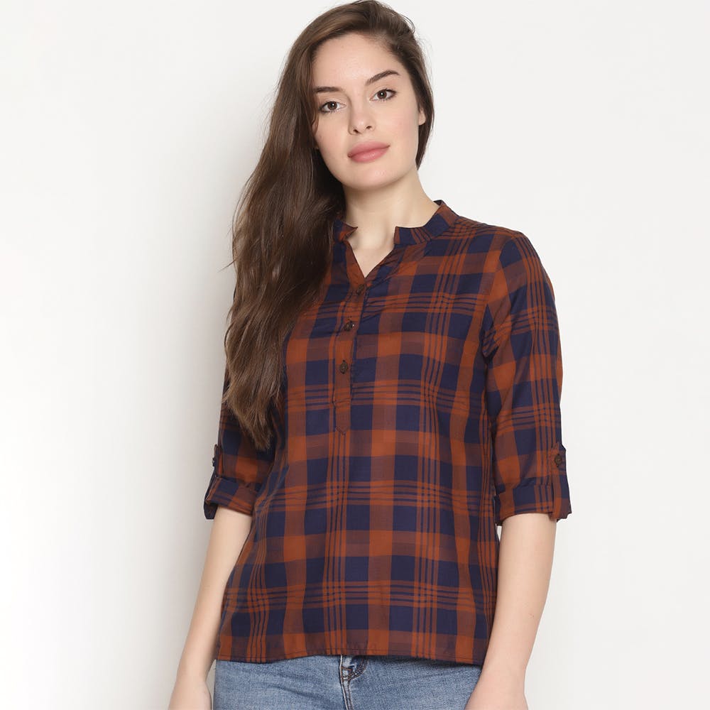Get Navy & Brown Checkered Top at ₹ 806 | LBB Shop