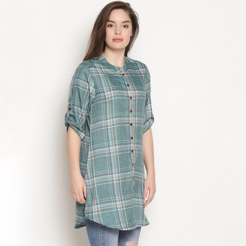 Get Teal Button Checkered Tunic at ₹ 1479 | LBB Shop
