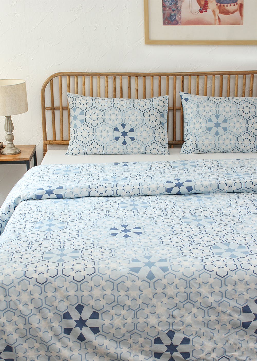 Get Geometric Printed Double Bed Blue Cotton Bedsheet Set at ₹ 5999 ...