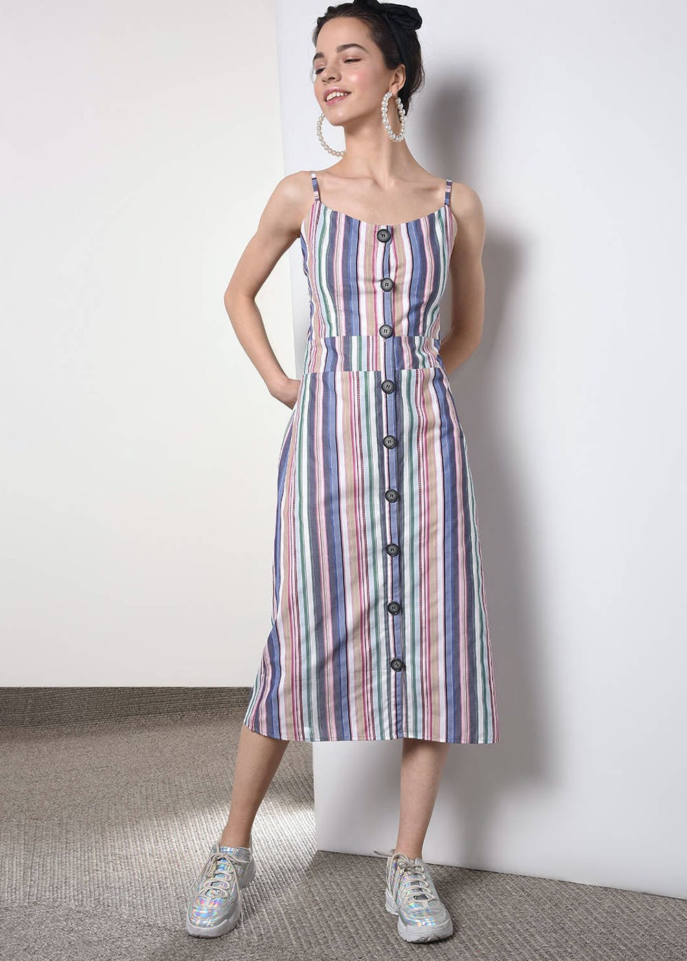 Get Multicoloured Striped Button Down A-Line Dress at ₹ 499 | LBB Shop