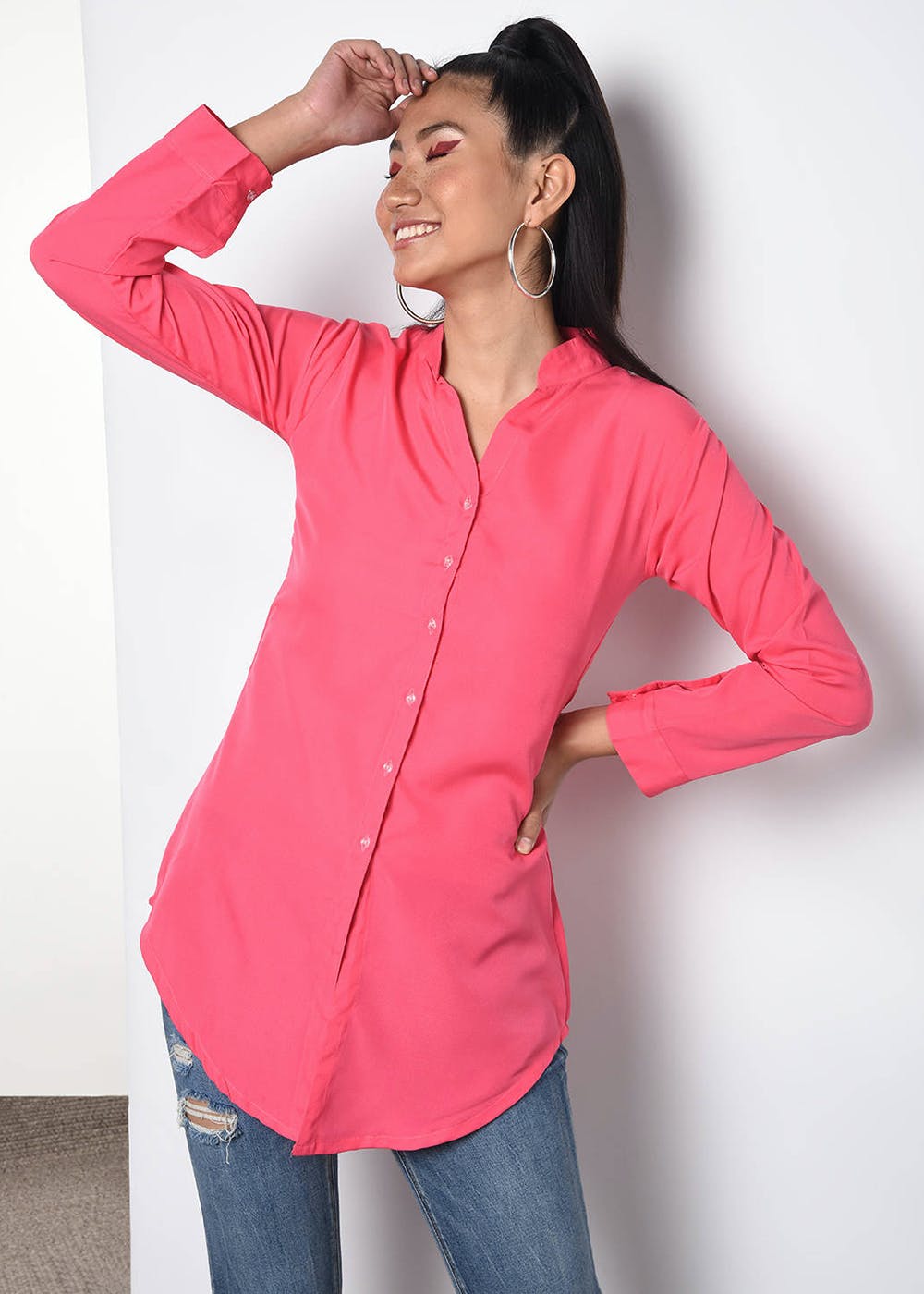 Get Basic Solid Mandarin Collared High-Low Shirt at ₹ 399 | LBB Shop