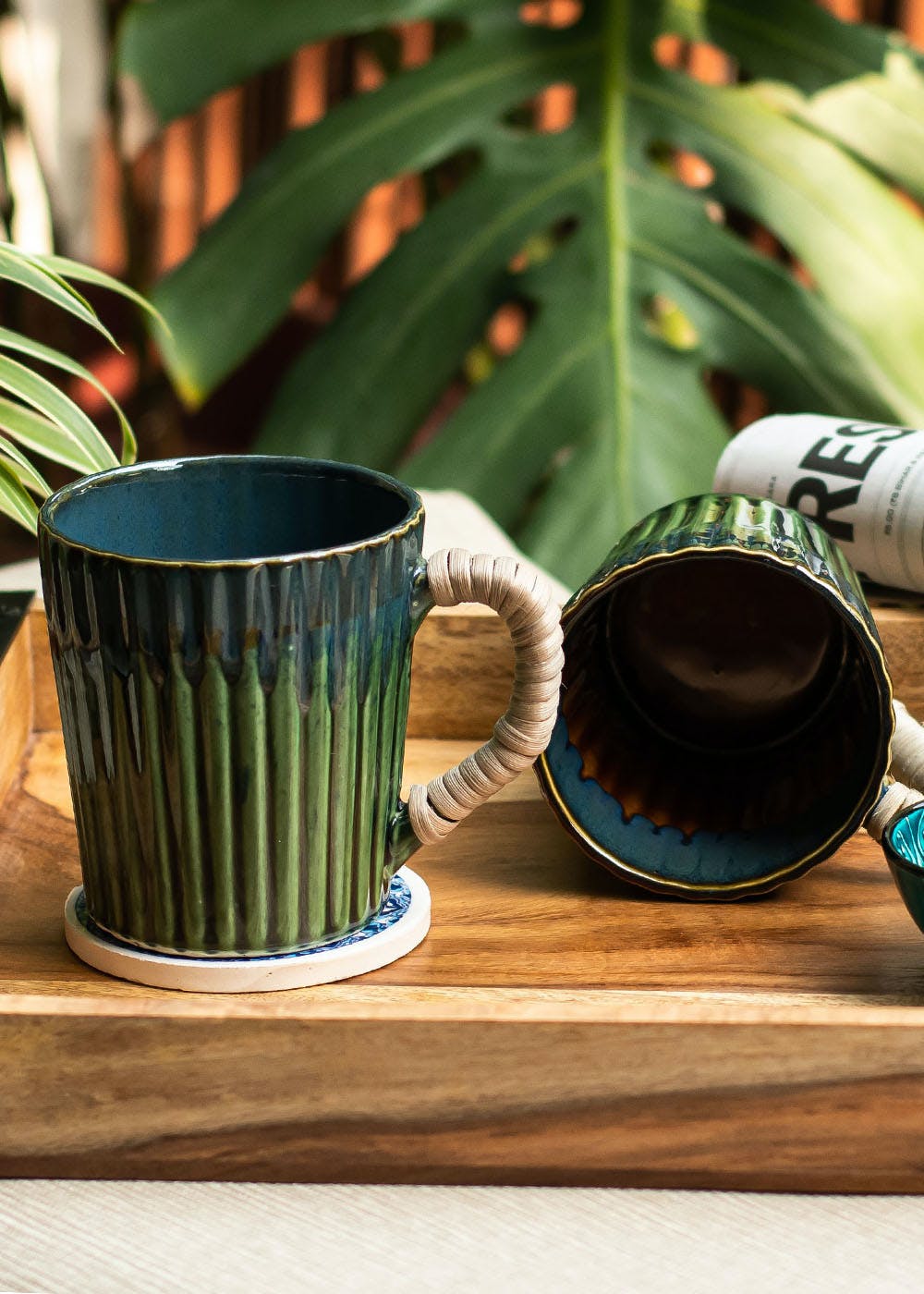 Get Cane Handle Emerald Ridged Mugs - Set of 2 at ₹ 975 | LBB Shop