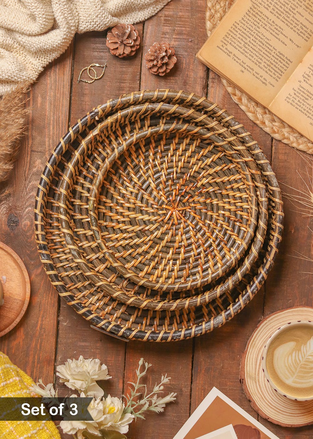 Get Natural Cane Black Tray - Set of 3 at ₹ 2799 | LBB Shop