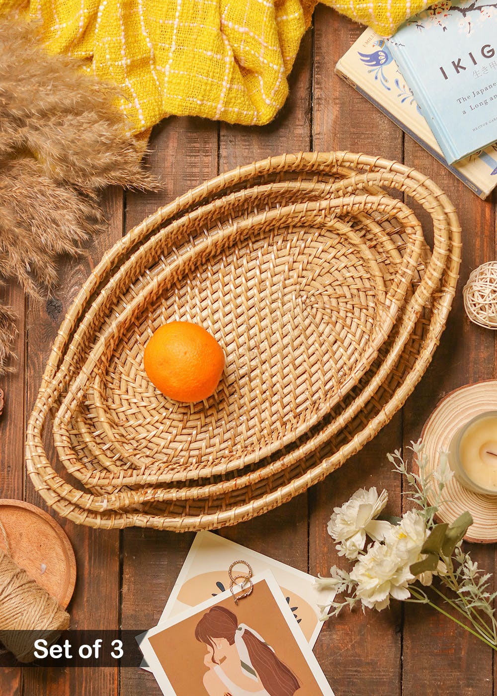 Get Natural Cane Oval Tray with Handle - Set of 3 at ₹ 3299 | LBB Shop