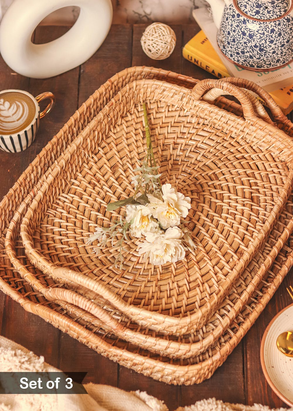 Get Natural Cane Square Tray Set with handles - Set of 3 at ₹ 4699 ...