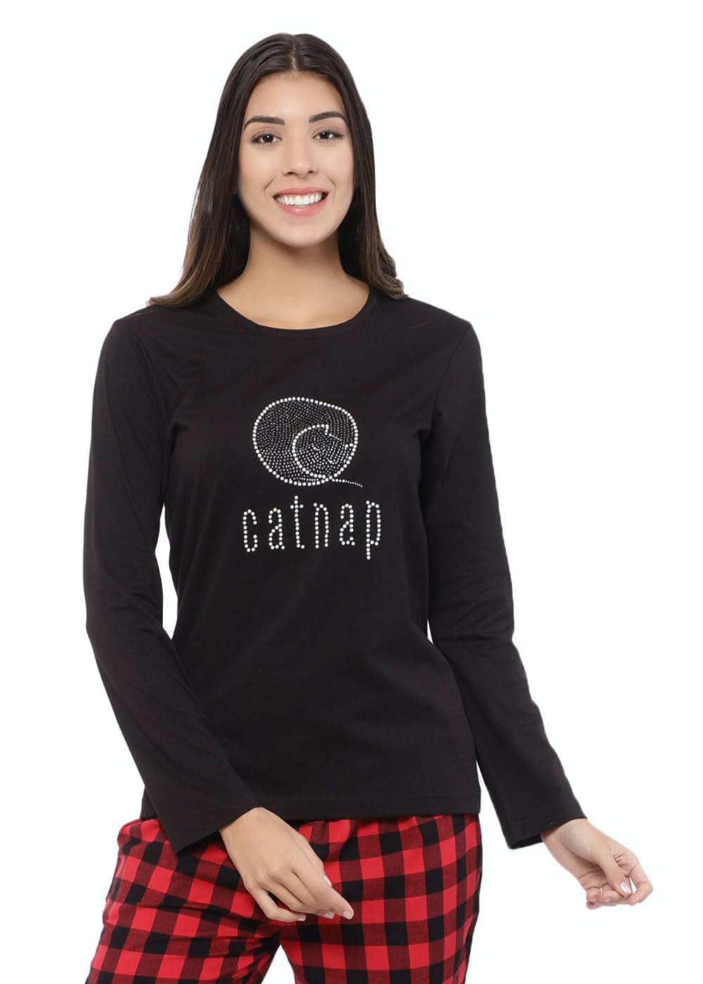 Get Studded Cat Graphic Detail Solid Full Sleeves Night Top at ₹ 999 ...