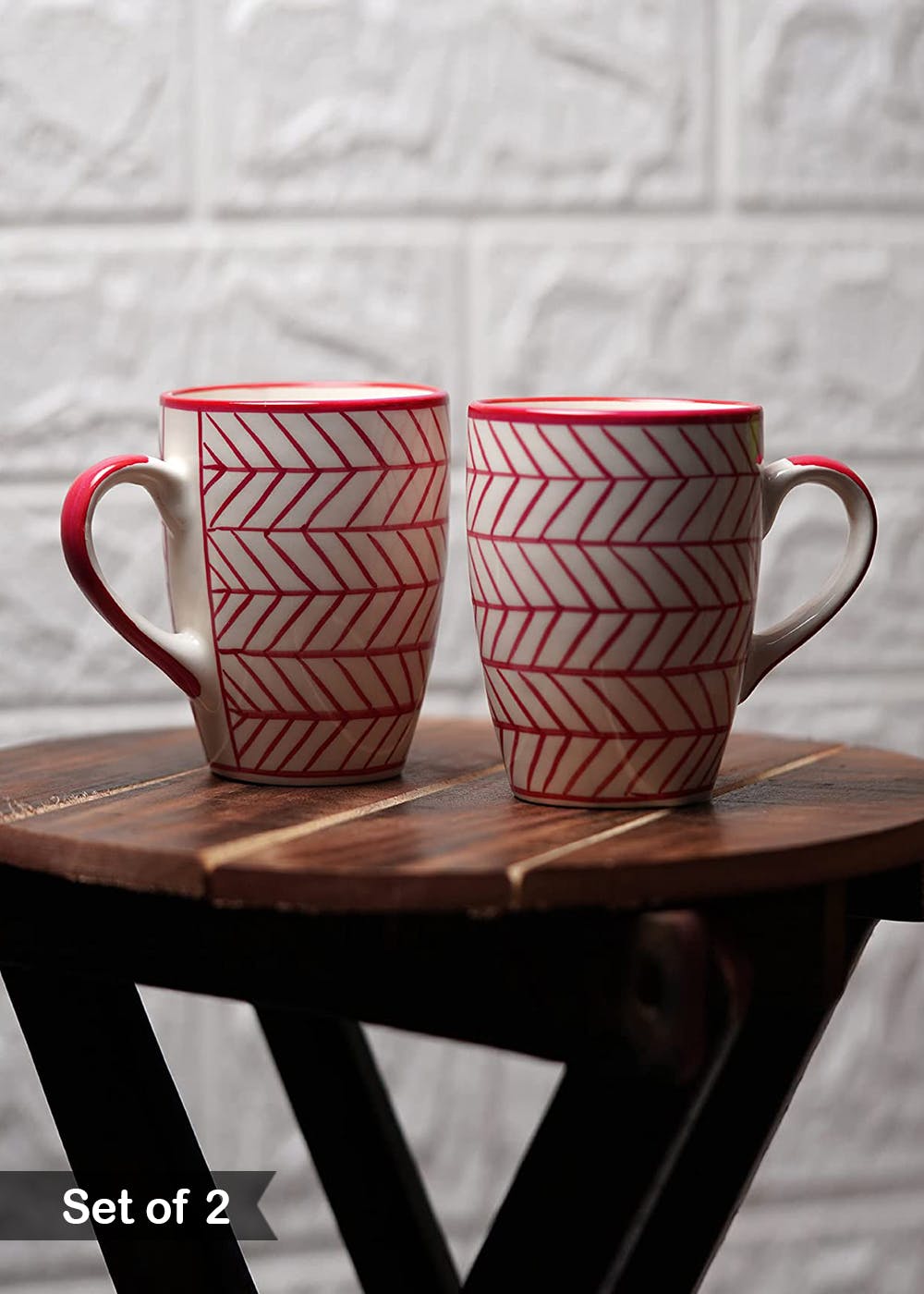 Get Set of 2 Red & White Geometric Pattern Ceramic Coffee / Milk / Tea ...