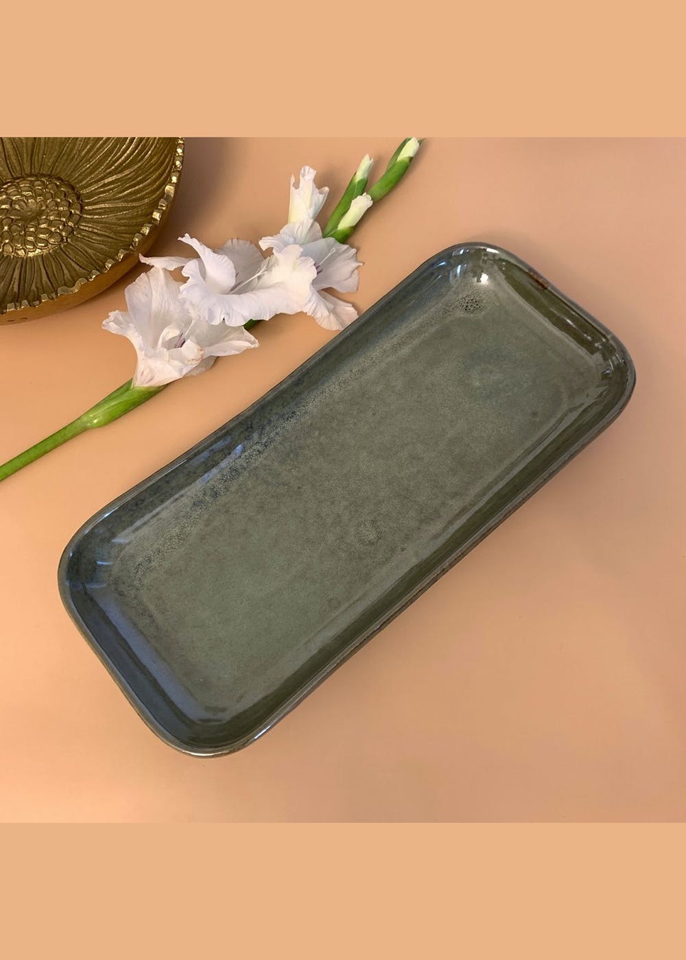 Get Olive Green Rectangular Ceramic Platter at ₹ 899 | LBB Shop