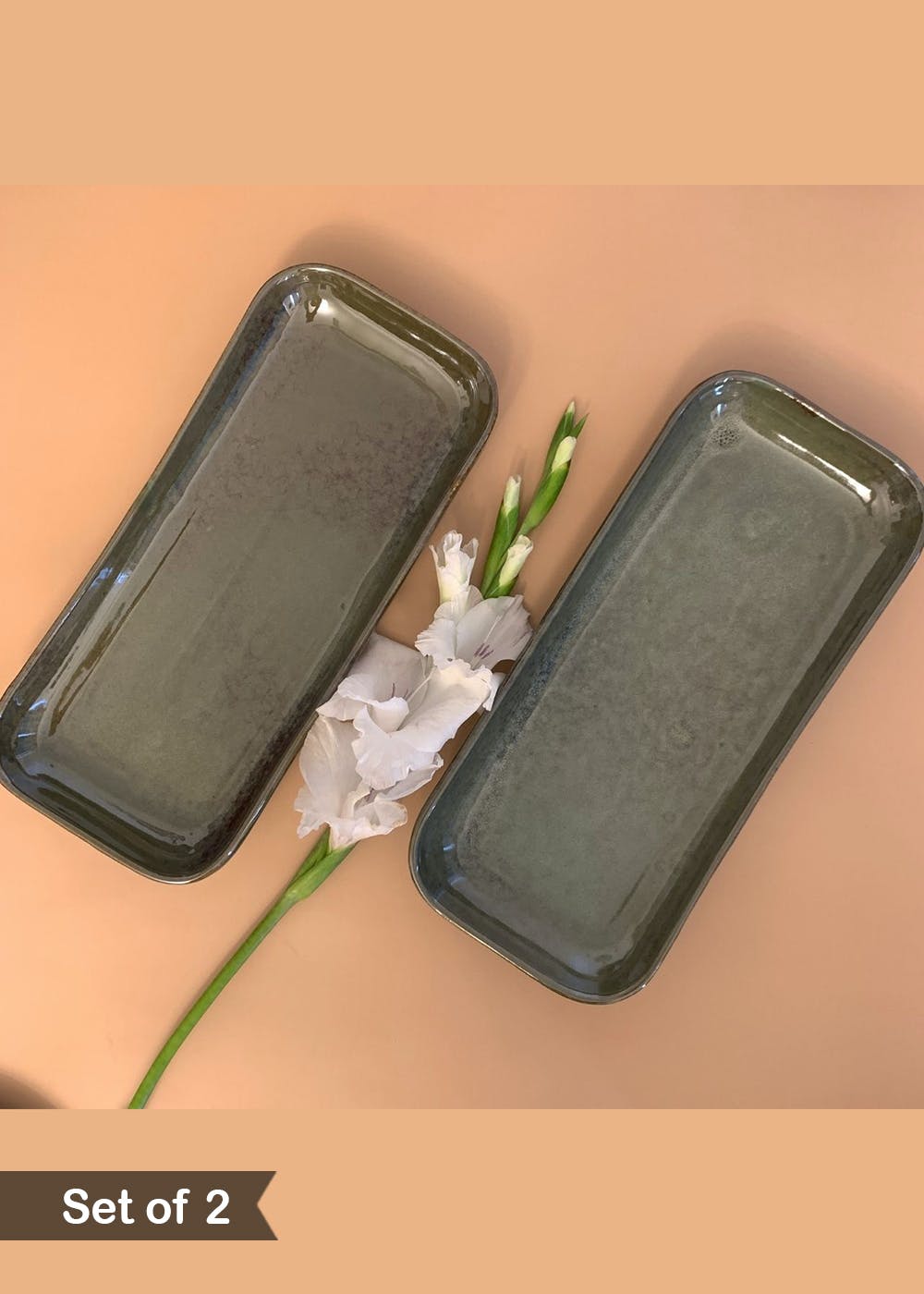 Get Olive Green Rectangular Ceramic Platter - Set of 2 at ₹ 1799 | LBB Shop