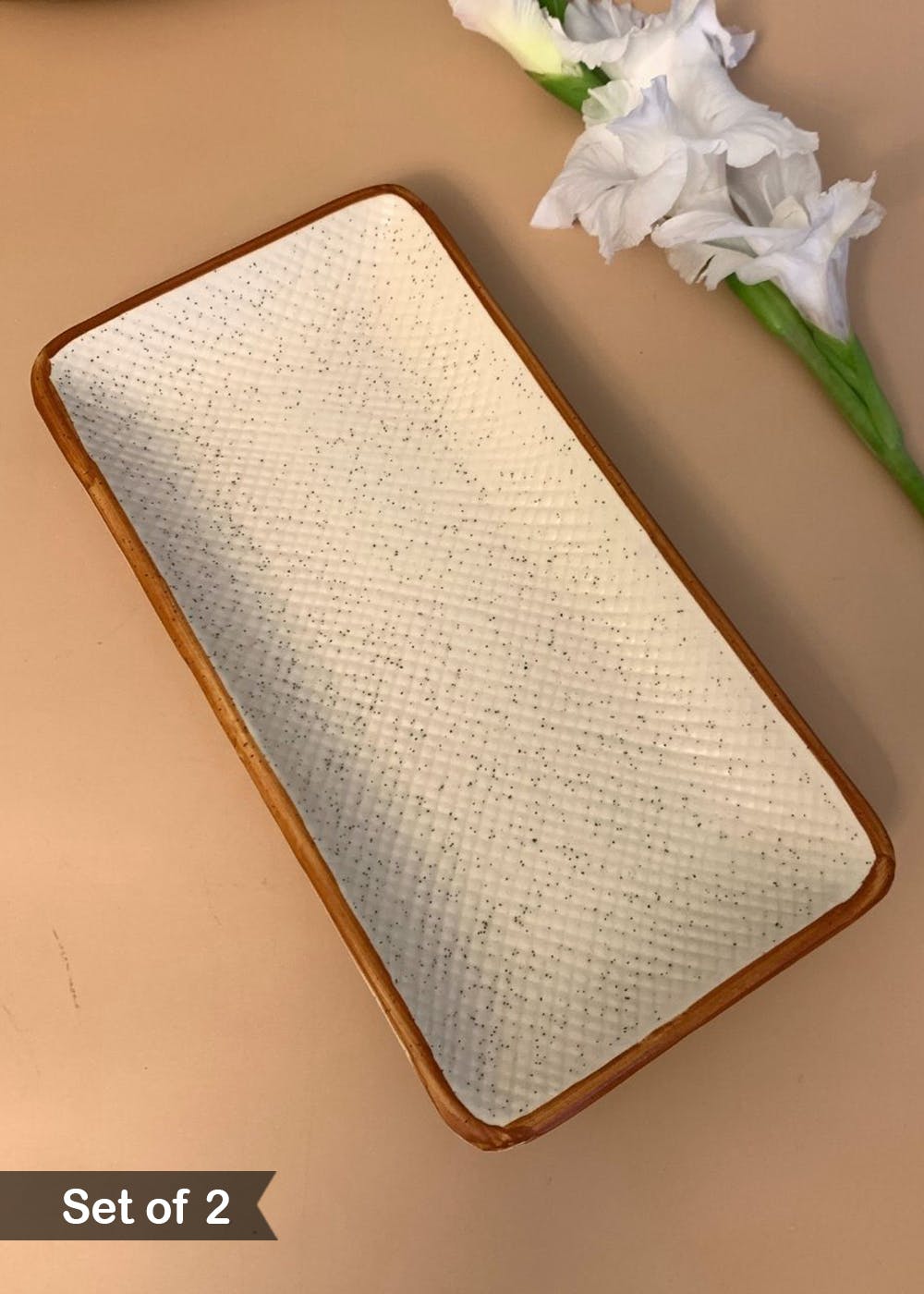 Get Ivory Rectangular Ceramic Platter with Brown Boundary - Set of 2 at ...