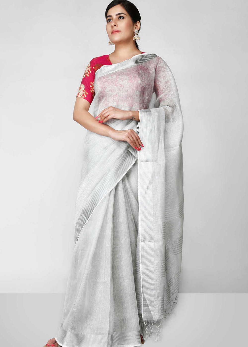 Get Solid Tissue Linen Saree With Silver Zari Border at ₹ 2080 | LBB Shop