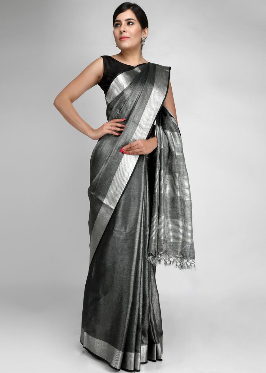 Get Silver Trim Solid Grey Handloom Saree at ₹ 2184 | LBB Shop