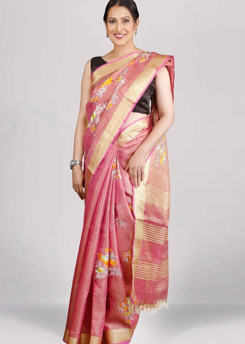 Get Floral Embroidered Tissue Linen Solid Saree at ₹ 2058 | LBB Shop