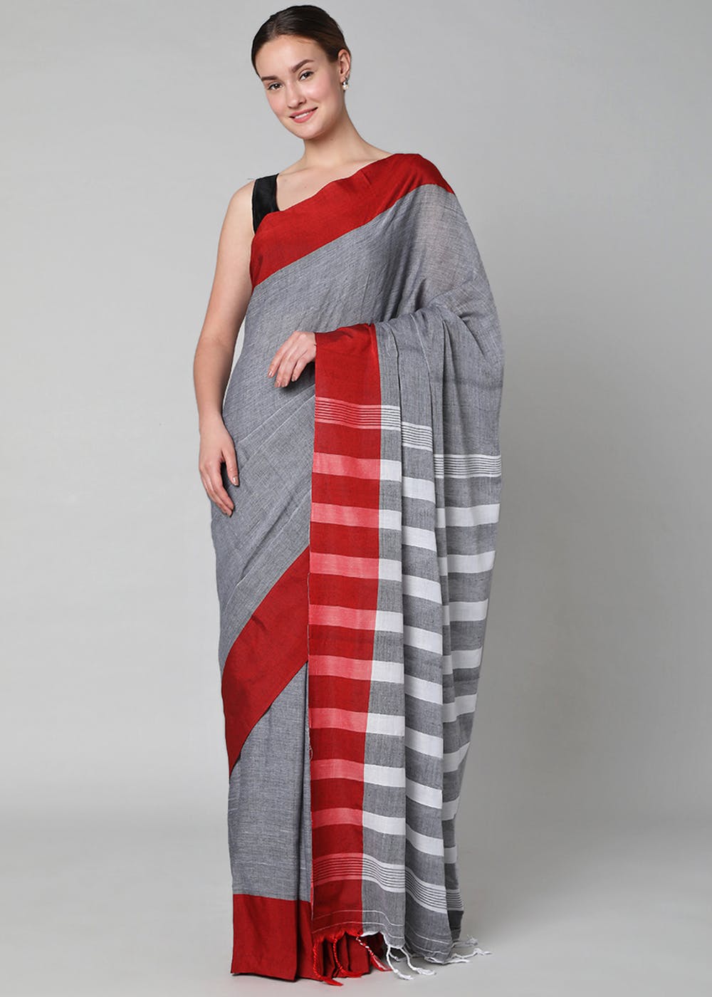 Get Cotton Grey With Red Border Saree at ₹ 1499 | LBB Shop