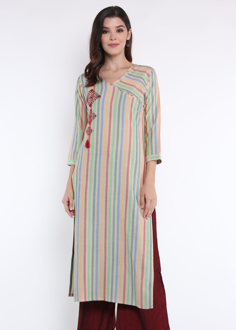 Get Striped Overlap Neckline Detail Embroidered Kurta at ₹ 1449 | LBB Shop
