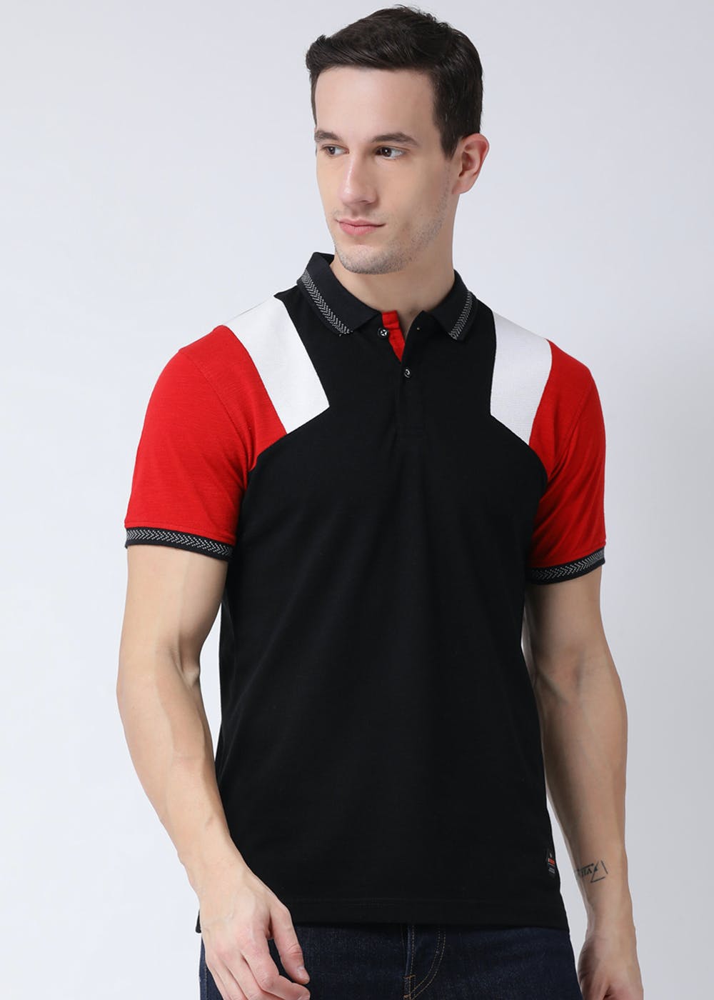Get Two-Tone Shoulder Detail Navy Polo T-Shirt at ₹ 799 | LBB Shop