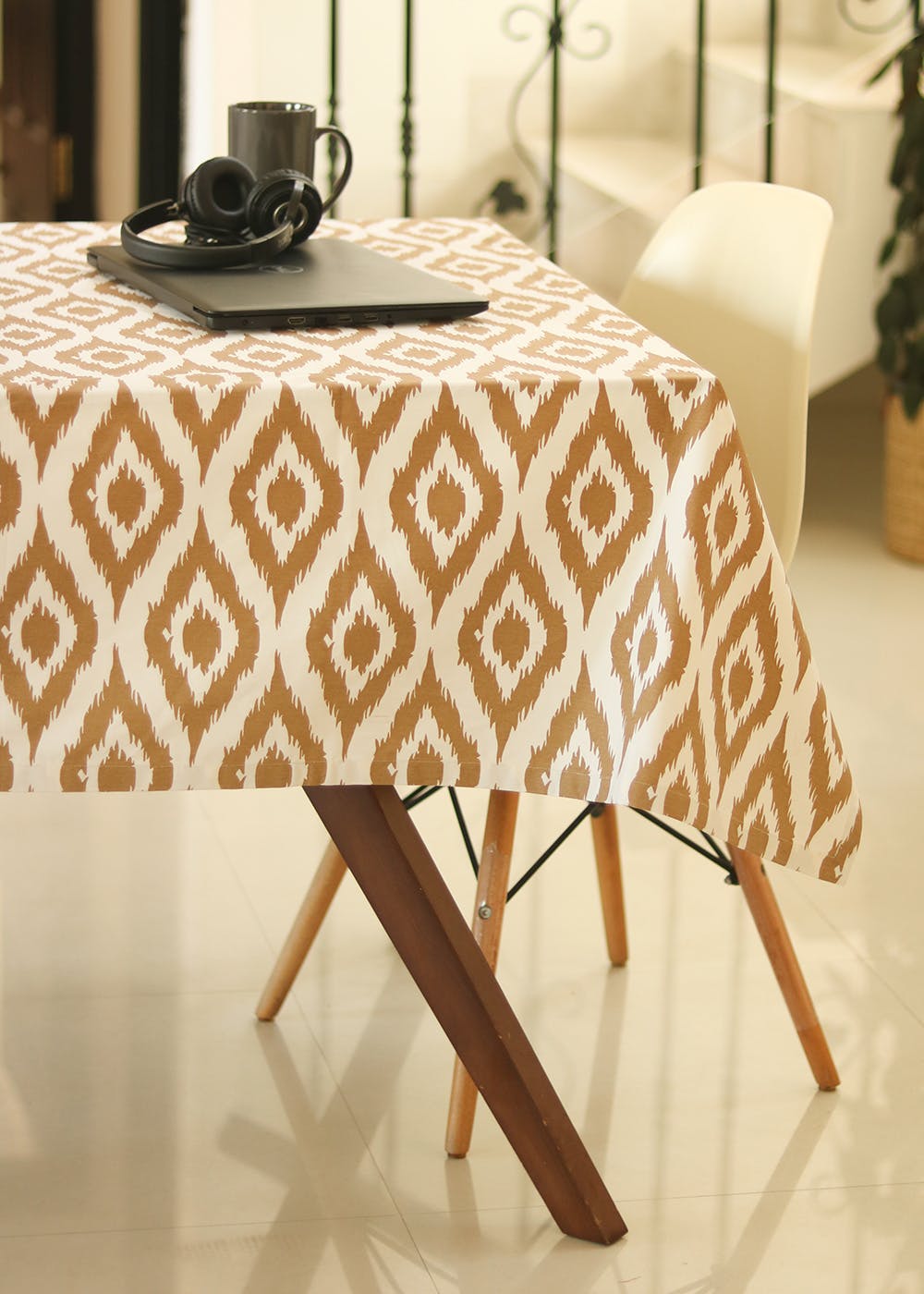 Get Ikat Beige, Wipeable And Anti-Slip Cotton Table Covers - 6 Seater ...