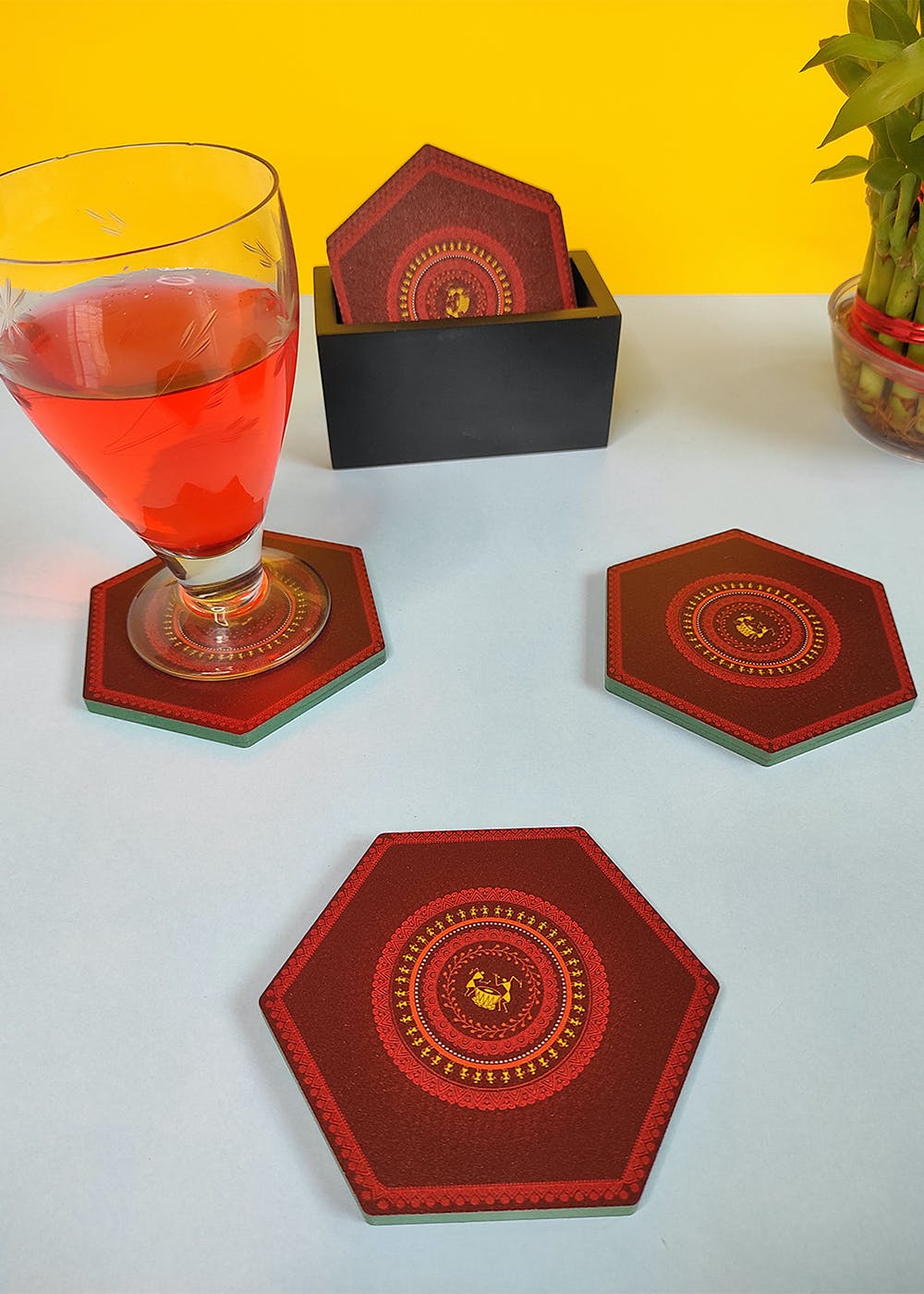 Get Hexagon Red Warli Wooden Coaster with Holder Set of 6 at ₹ 719 ...