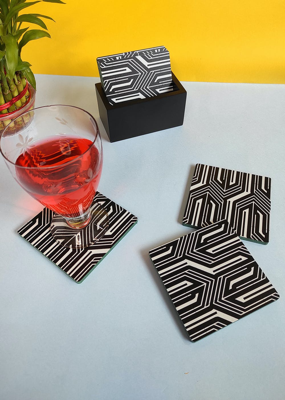 Get Square Black Geometric Wooden Coaster with Holder Set of 6 at ₹ 629 ...