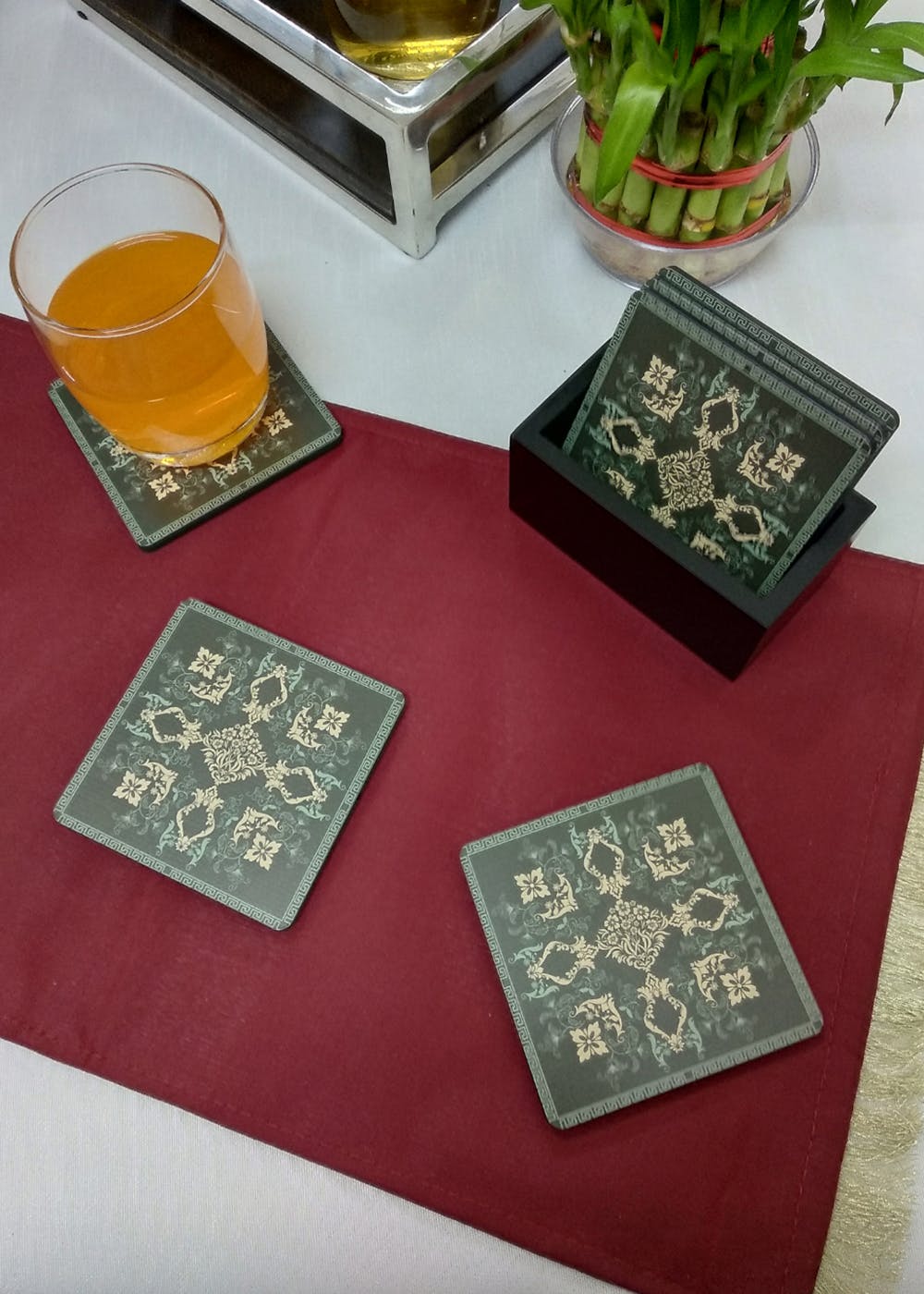 Get Square Green Mughal Art Wooden Coaster Set of 4 at ₹ 494 | LBB Shop