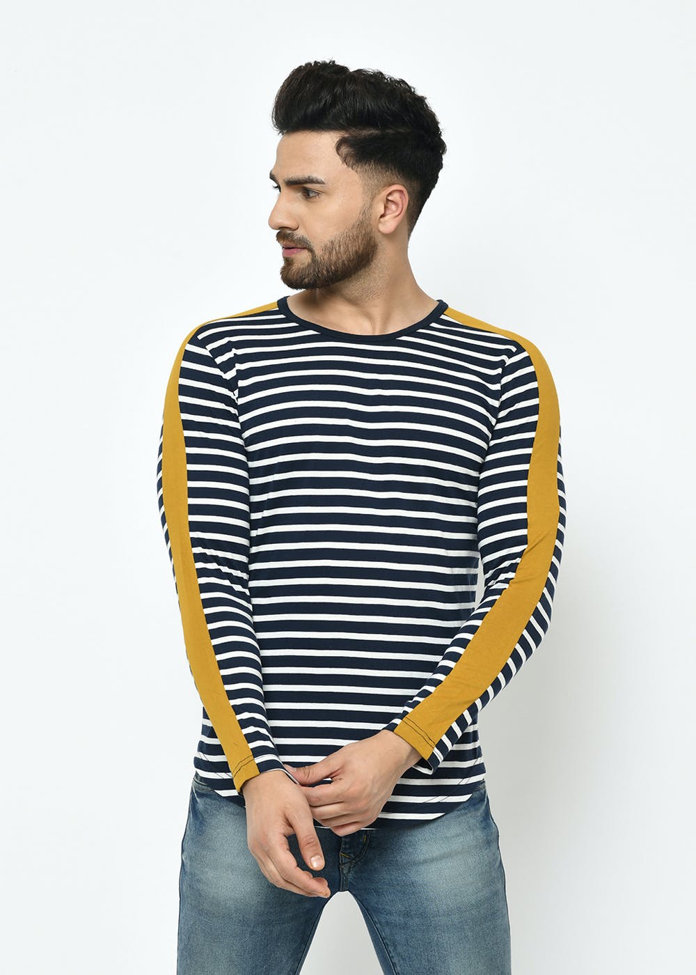 Get Contrast Sleeve Panel Detail Navy Striped T-Shirt at ₹ 599 | LBB Shop