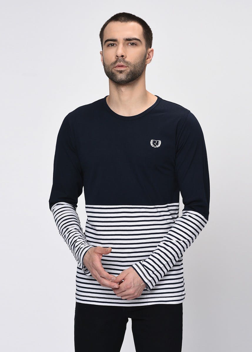 Get Logo Print Stripes Sleeves Half & Half T-Shirt at ₹ 343 | LBB Shop