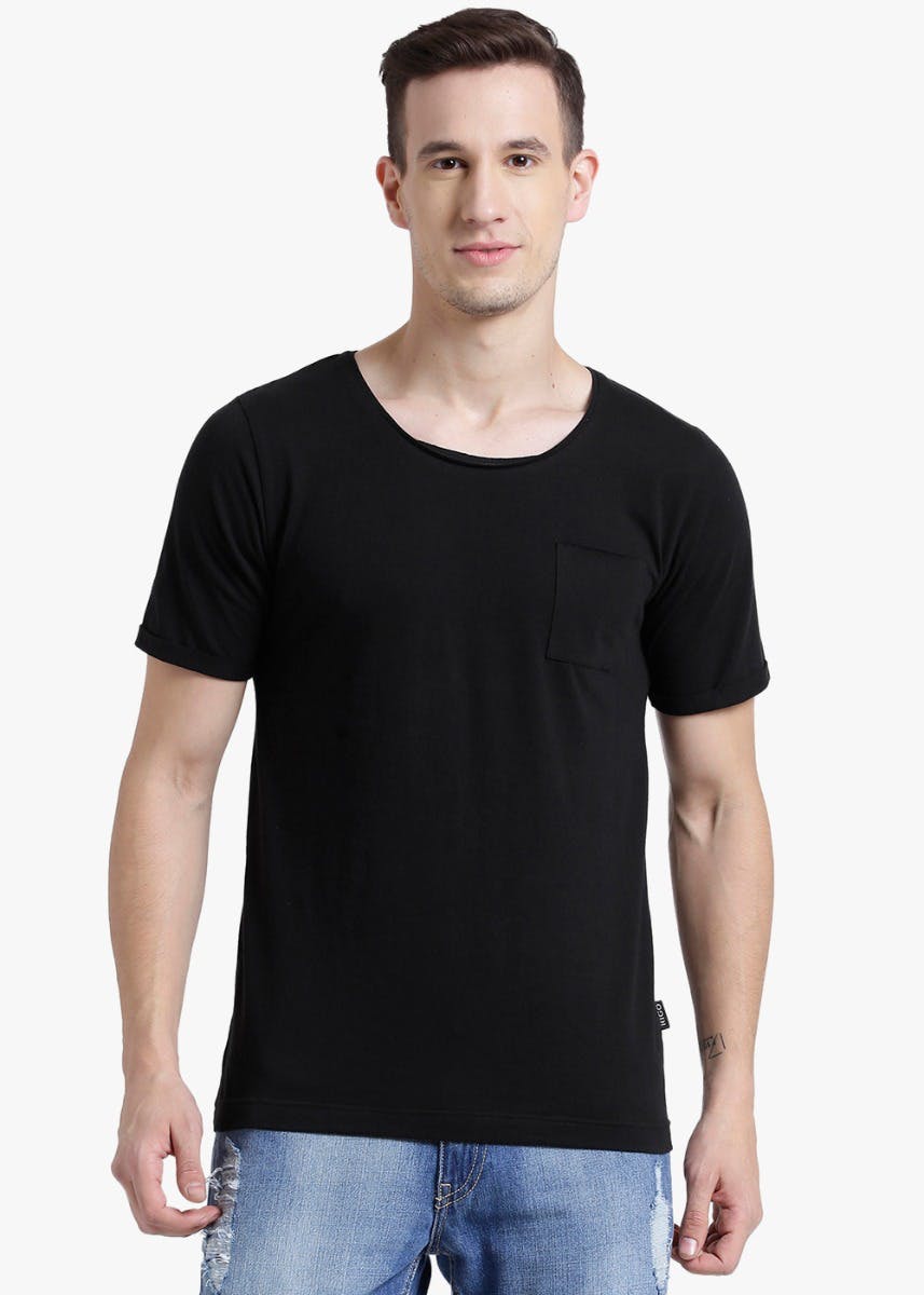 Get Handmade Patch Pocket Scoop Neck Black T-Shirt at ₹ 343 | LBB Shop