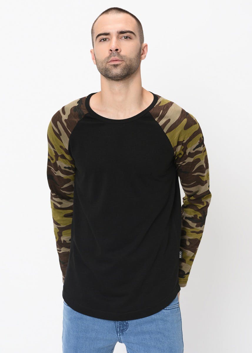 Get Black Camo Sleeve Raglan T-Shirt at ₹ 439 | LBB Shop