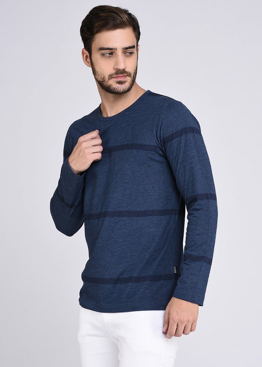 Get Navy Blue Stripes & Textured T-Shirt at ₹ 439 | LBB Shop