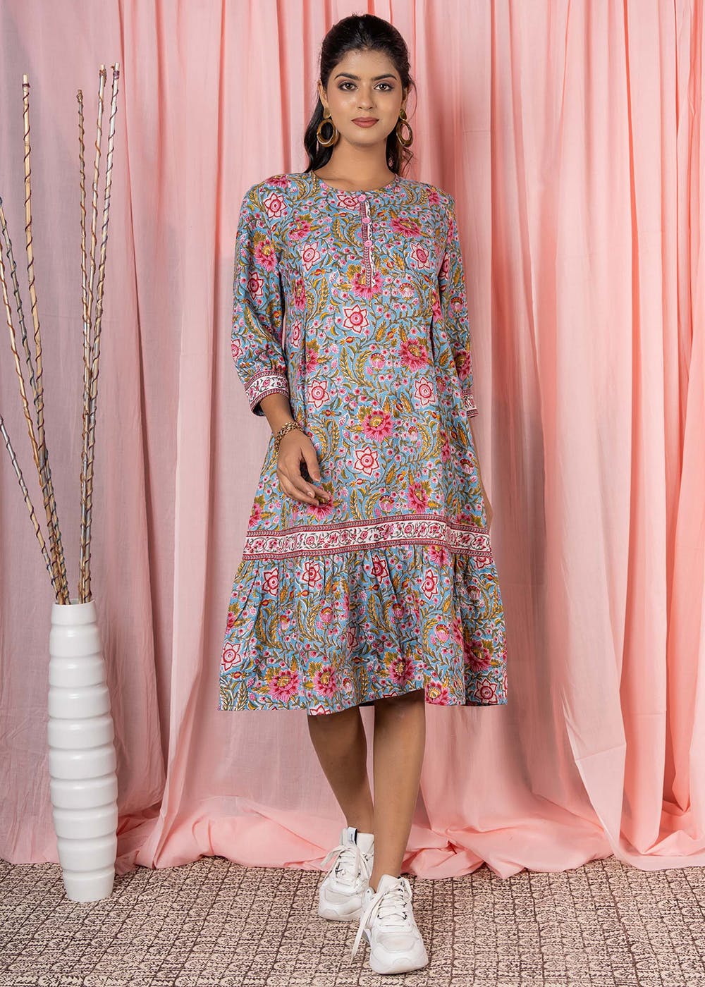 Get Blue Block Printed Frill Dress at ₹ 2350 | LBB Shop