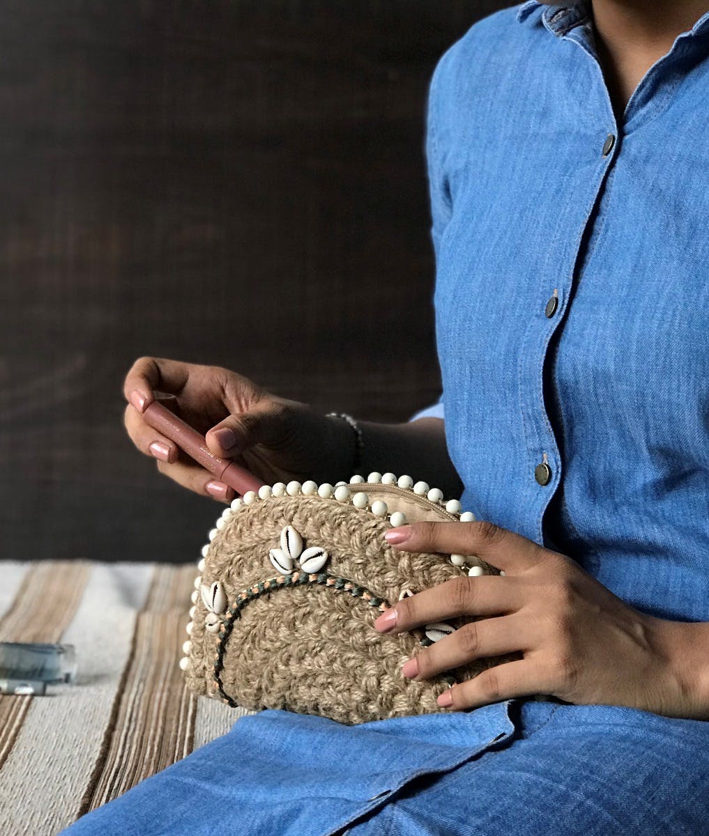 Get Handcrafted Seashell & Bead Jute Half Moon Clutch at ₹ 2400 | LBB Shop