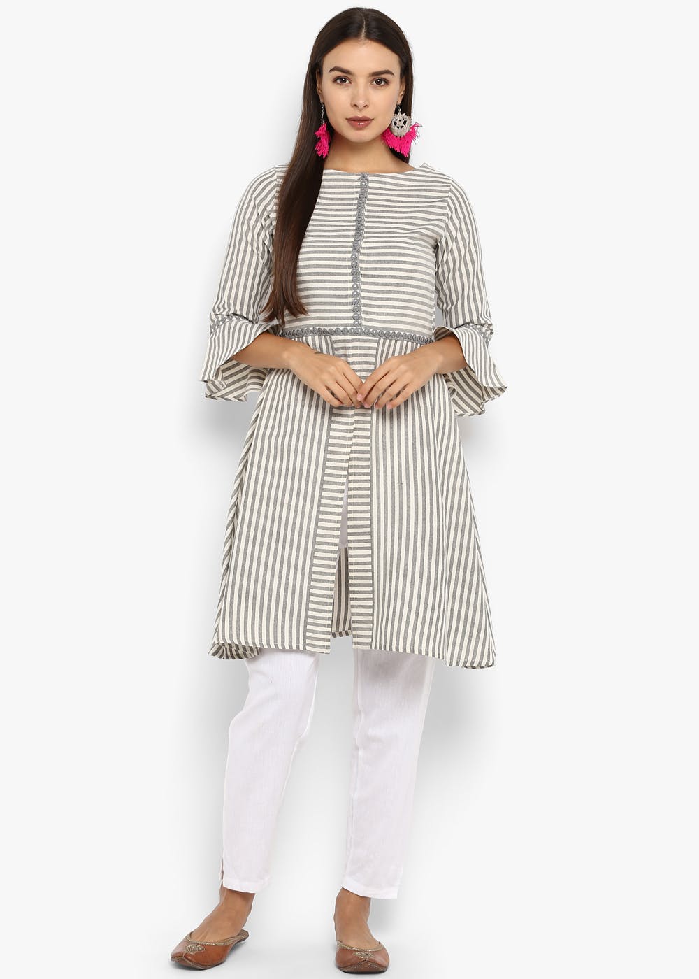 Get Lace Trim Front Slit Detail Striped A-Line Kurta at ₹ 1616 | LBB Shop