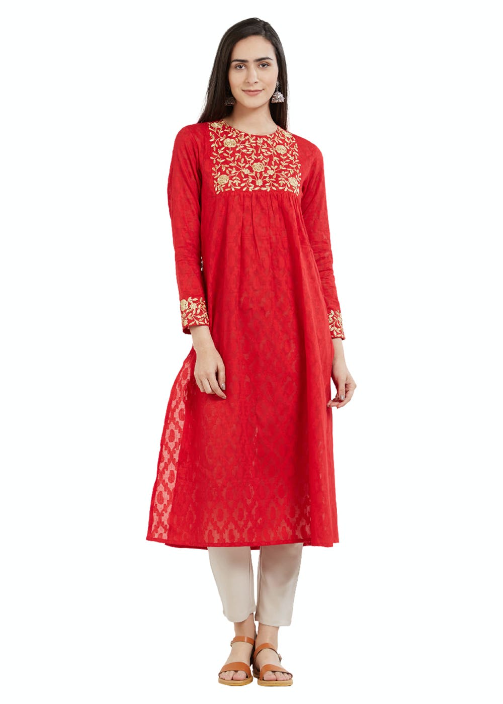 Get Contrast Embroidery & Self Design Red Kurta at ₹ 2000 | LBB Shop