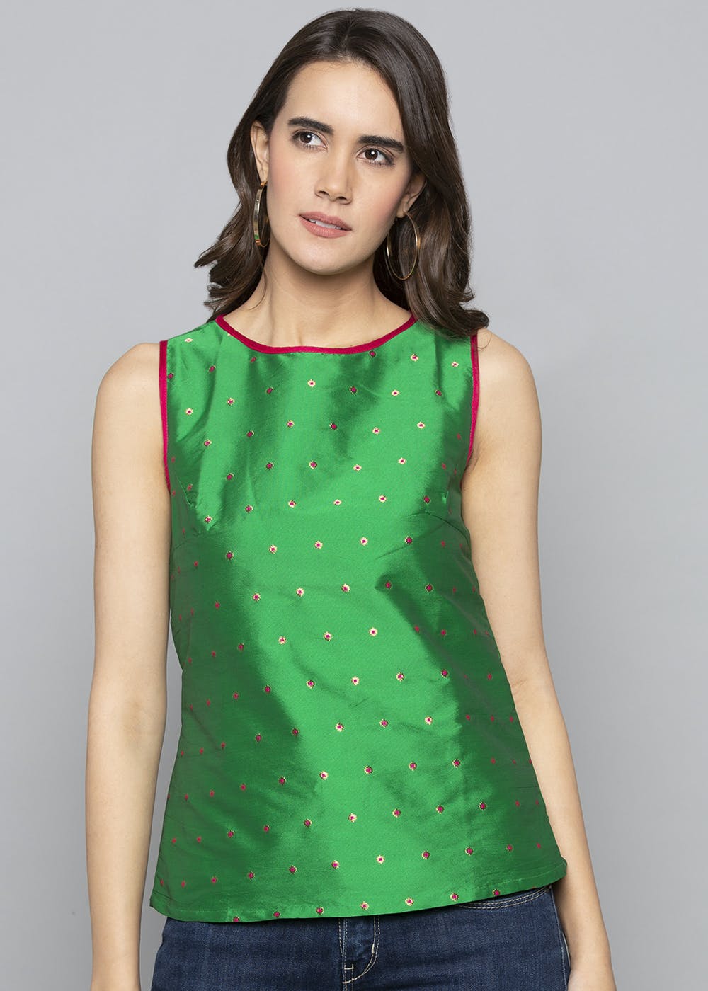 Get Contrast Piping & Embroidery Detail Green Top at ₹ 909 | LBB Shop