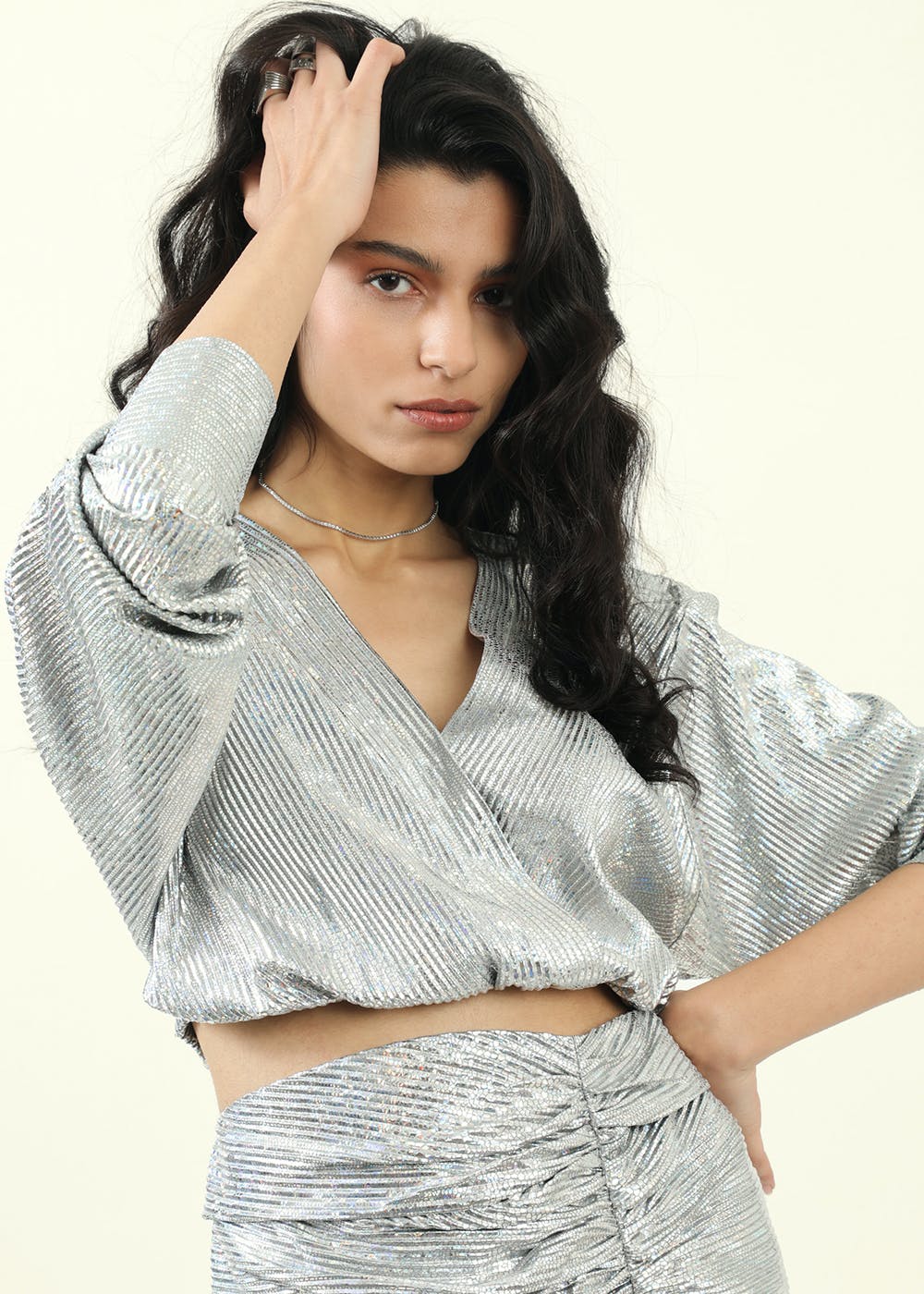 Get Silver Pleated Oversized Crop Top With Sleeves at ₹ 2899 | LBB Shop