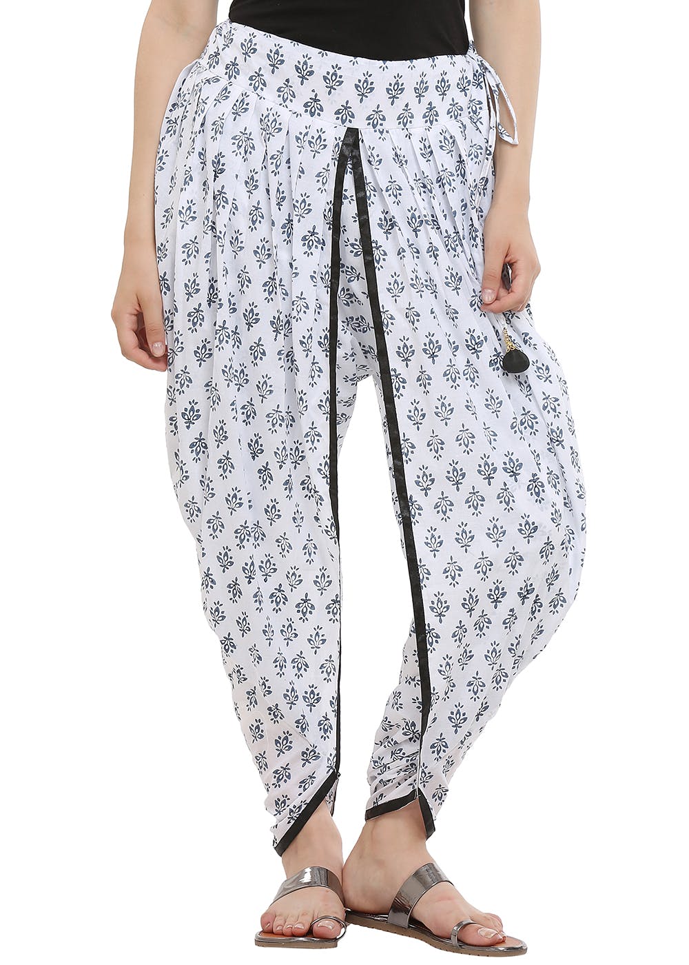 Get Contrast Solid Trim Two Directional Floral Motif Dhoti Pants at ...