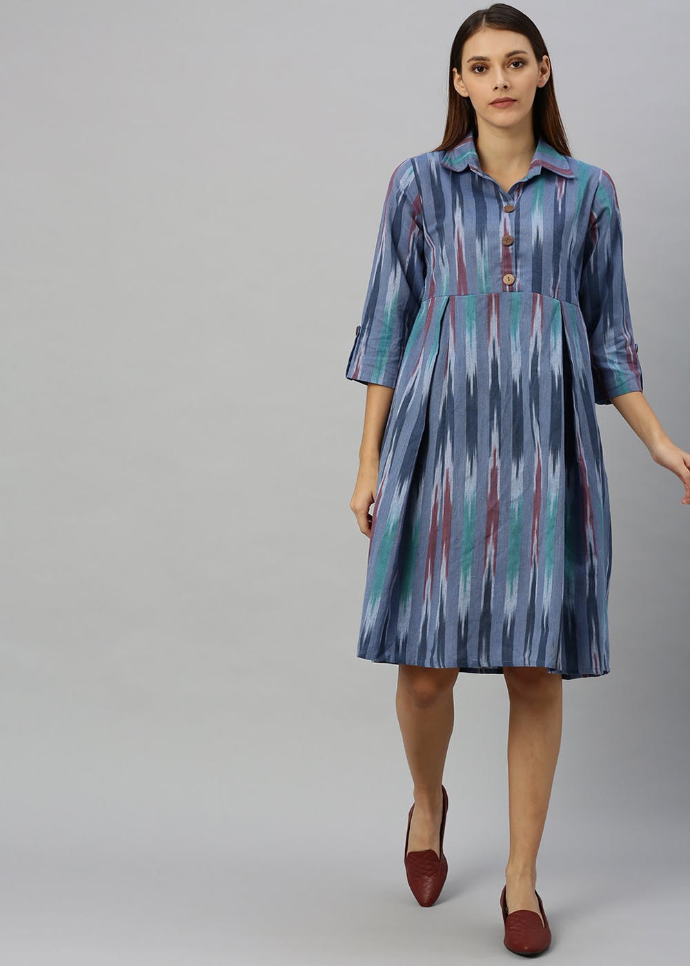 Get Contrast Ikat Detail Blue Collared Dress at ₹ 691 | LBB Shop