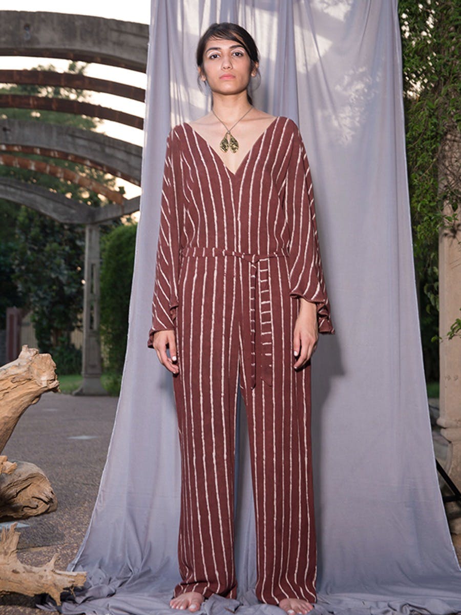 Get Hand Block Stripes Print V-Neckline Jumpsuit at ₹ 2100 | LBB Shop
