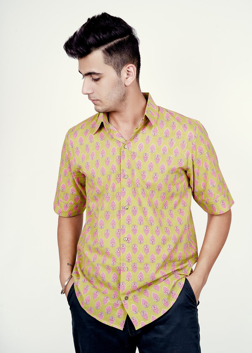 Get Two Directional Motif Printed Half Sleeves Green Shirt at ₹ 1680 ...