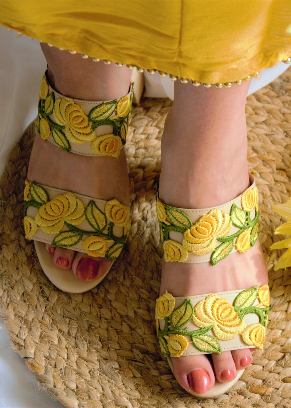 Get Floral Hand Embroidered Yellow Block Heels at ₹ 1699 | LBB Shop