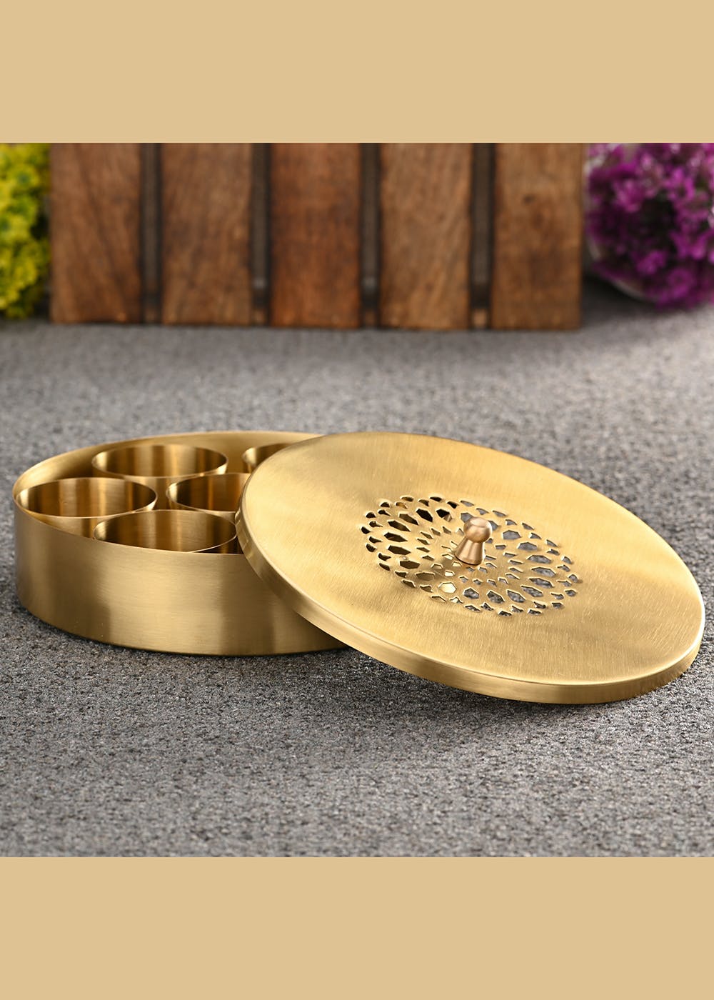 Get Round Golden Brass Masala Box With Spoon at ₹ 2500 | LBB Shop