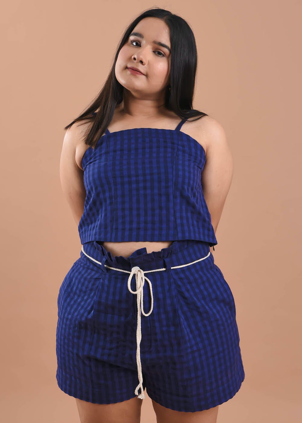 Get Checkered Blue Basic Ruffled Waist Shorts at ₹ 1590 | LBB Shop