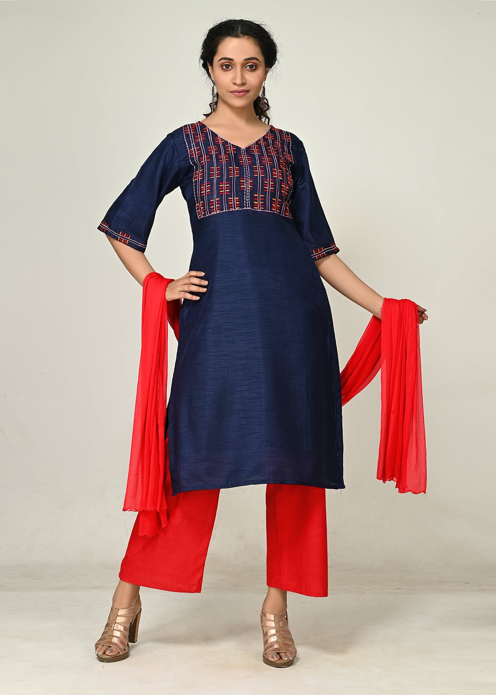 Get Dark Blue Dola Silk Embroidered Kurti & Palazzo Set at ₹ 2283 | LBB ...