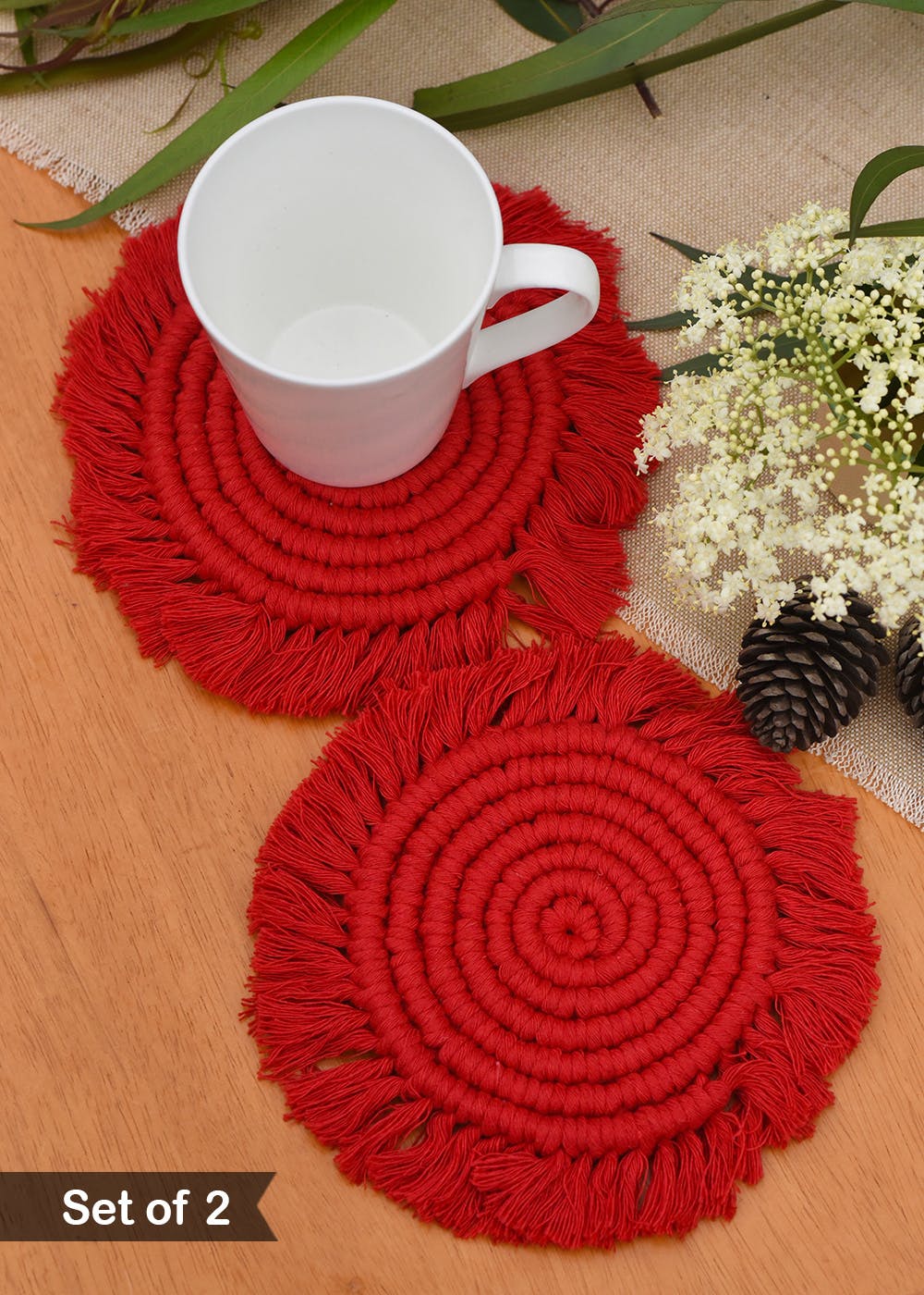 Get Red Round Macrame Placemats - Set of 2 at ₹ 615 | LBB Shop