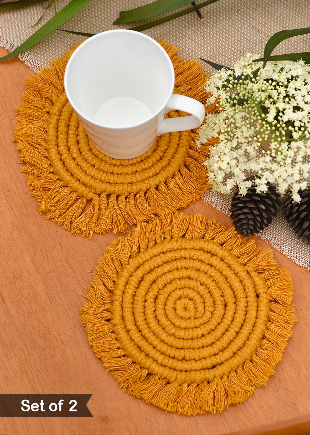 Get Yellow Round Macrame Placemats - Set of 2 at ₹ 615 | LBB Shop